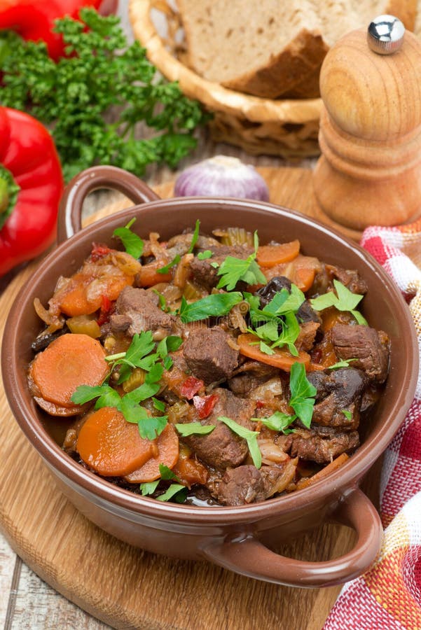 Stew with Beef, Prunes, Vegetables and Parsley, Top View Stock Image ...