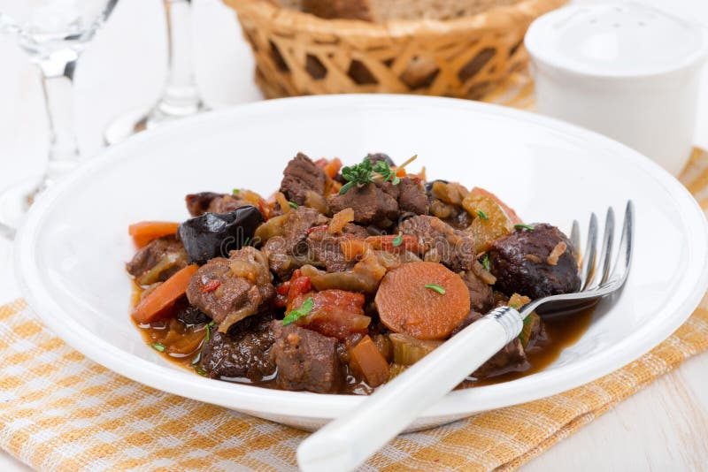 Stew with Beef and Vegetables on the Plate Stock Photo - Image of ...