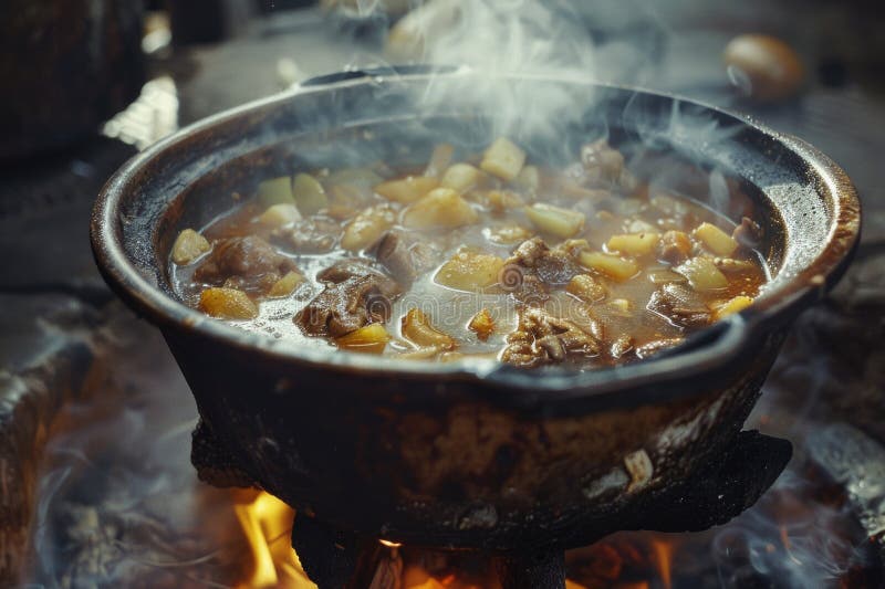 Stew Being Cooked Over an Open Flame Outdoors, Possibly for Camping or ...
