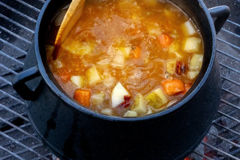 Stew Cooked on Fire Outdoors in a Cast-iron Pot Stock Image - Image of ...