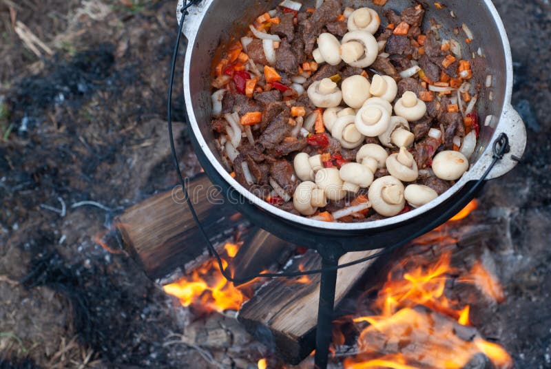 Stew with Meat and Mushrooms Top View, Cooking Over a Fire, Stock Image ...