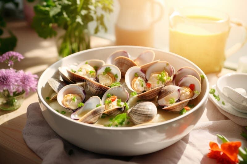 Stew on a Plate. Steamed Shellfish Clams with Garlic and Herbs Stock ...