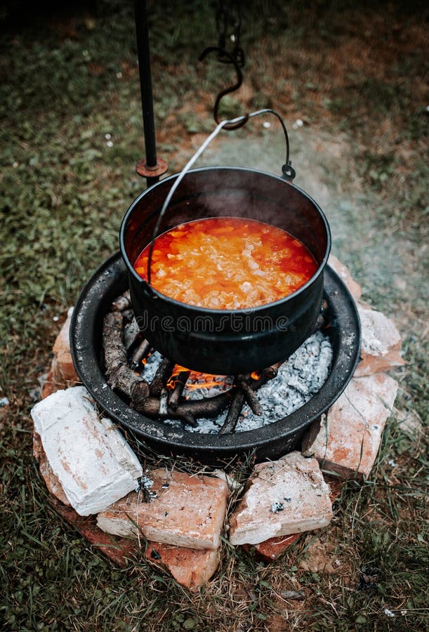 Stew Pot at Open Fire Outdoor Stock Photo - Image of boil, camp: 284457384