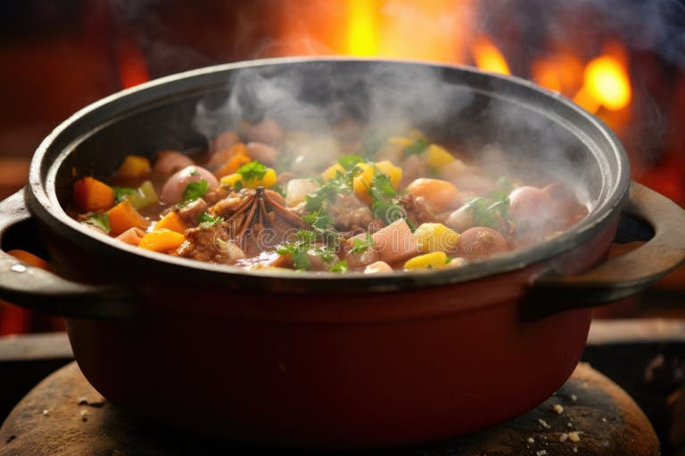 Stew Simmering in a Clay Pot with Steam Rising Stock Photo - Image of ...