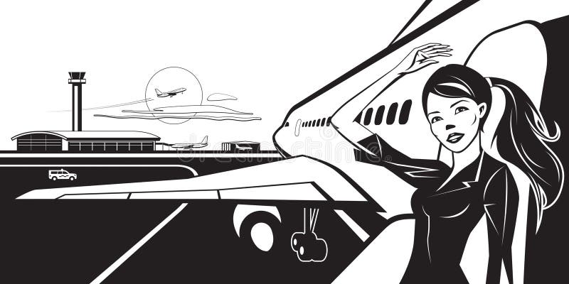 Stewardess Waving from Plane Taking Off from the Airport Stock ...