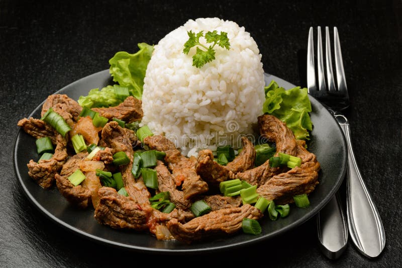 Stewed Beef with Boiled White Rice. Stock Photo - Image of rice ...