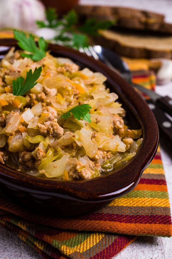 Stewed Cabbage with Minced Meat Stock Image - Image of cutlery, bread ...