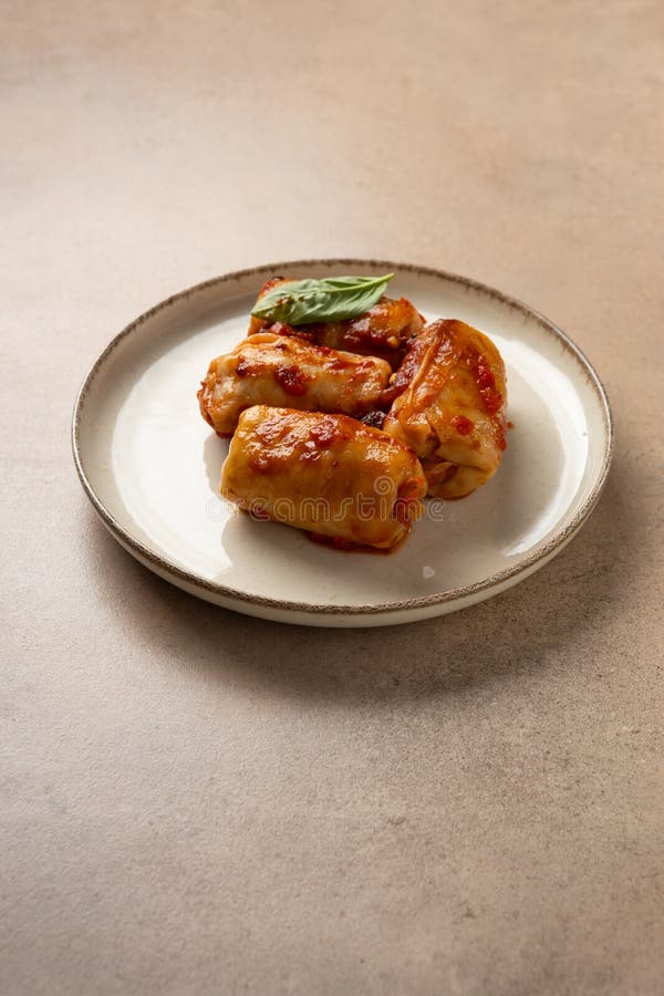 Stewed Cabbage Roll with Rice and Meat in Tomato Sauce on Plate Food ...