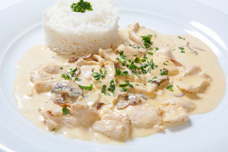 Stewed Chicken with White Rice and Mashroom Sauce Stock Photo - Image ...