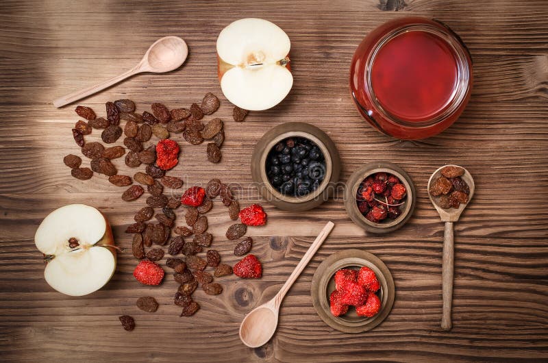 Stewed fruit compote. stock photo. Image of raisin, strawberry - 117572800