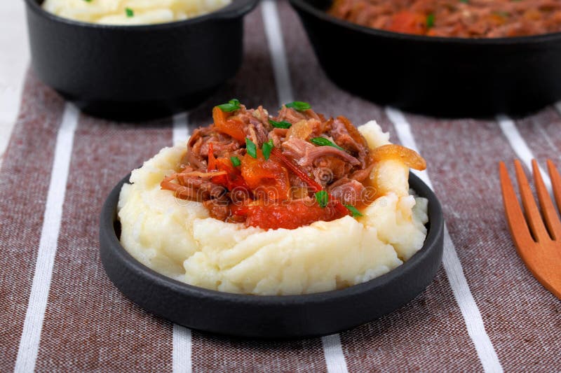 Stewed Meat with Potato Mash Served on the Plate. Stock Image - Image ...