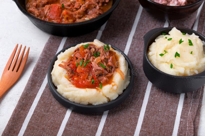 Stewed Meat with Potato Mash Served on the Plate. Stock Image - Image ...