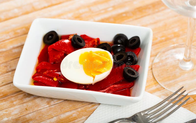 Stewed Sweet Red Peppers with Boiled Egg Stock Image - Image of macro ...