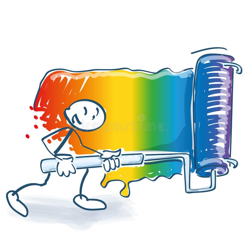 Stick Figure with a Big Paint Roller Paints with Rainbow Colors Stock ...