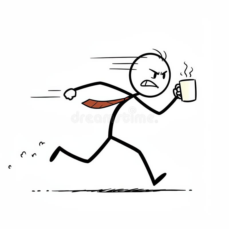 Frantic Stick Figure Rushes with Steaming Coffee, Late for Work Stock ...