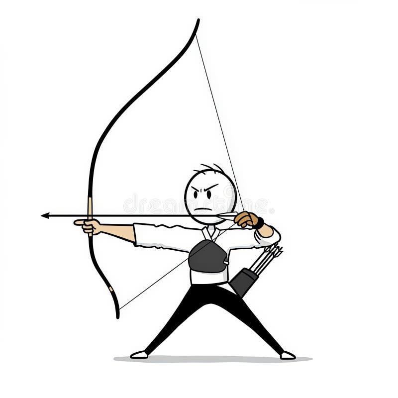 Determined Stick Figure Archer Aims Bow and Arrow with Focused I Stock ...