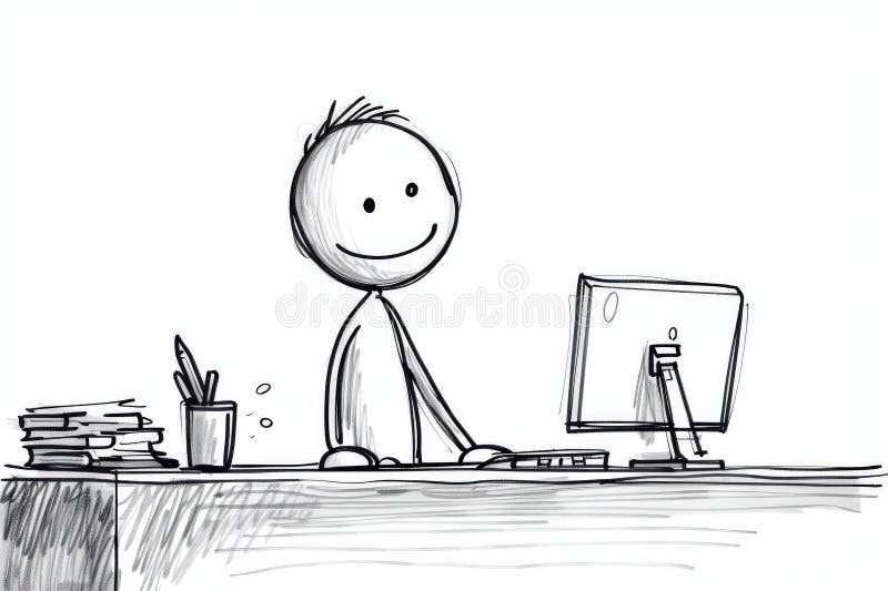 Happy Stick Figure Working on Computer Stock Illustration ...