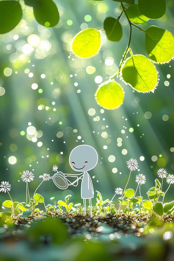 A Stick Figure Character Waters a Patch of White Daisies in the Forest ...