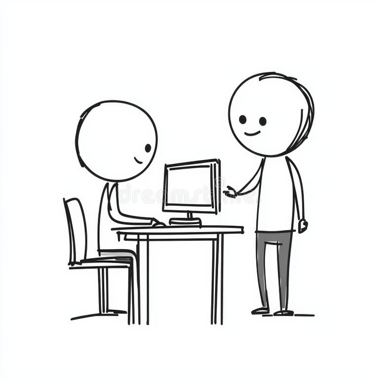 Stick Figure Collaboration at Computer Desk in Minimalist Setup Stock ...