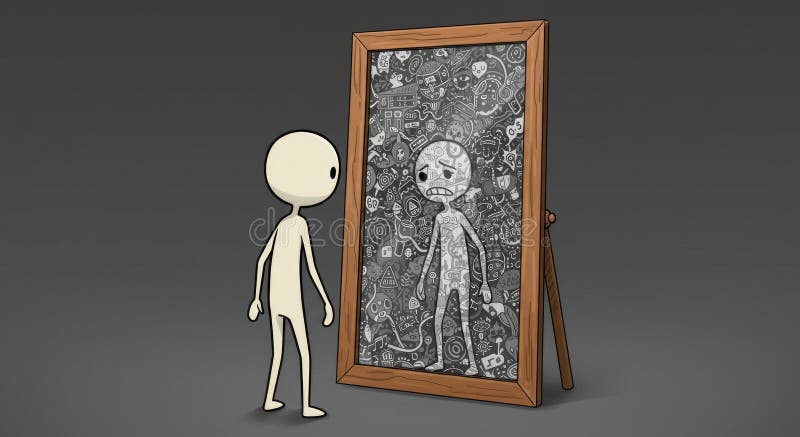 Stick Figure Confronting Inner Struggles Reflected in a Doodle-filled ...