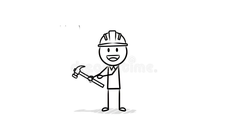 Stick Figure Construction Worker with Hard Hat Holding Hammer in ...