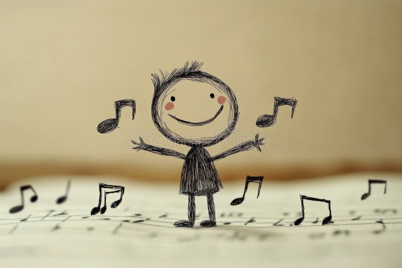 Stick Figure Dancing Joyfully on Sheet Music, Surrounded by Musical ...