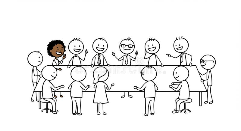 Stick Figure Drawing Depicting a Group of People Around a Rectangular ...