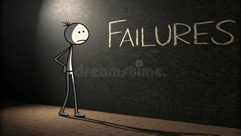 Stick Figure Facing Blackboard of Failures Under Spotlight Stock Photo ...