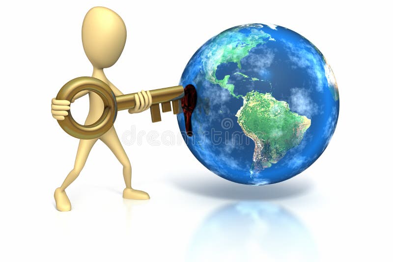 Stick Figure Inserting Key into World Stock Illustration - Illustration ...