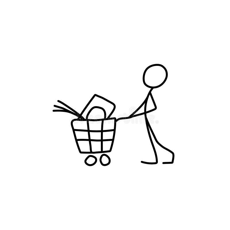 Stick Figure Man Pushing Shopping Cart Icon Stock Vector - Illustration ...