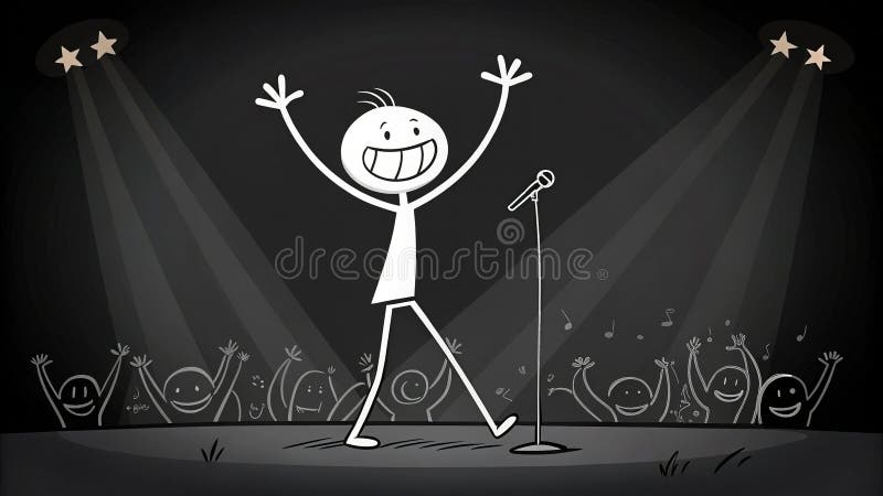 Stick Figure Performer Under Spotlight on Stage with Audience Stock ...