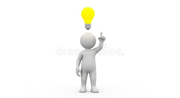 A Stick Figure Pointing Up at a Bright Yellow Light Bulb on a Plain ...