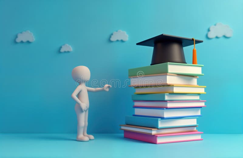 Stick Figure Points at Stack of Books with Graduation Hat. Concept of ...