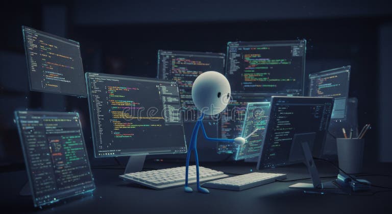 Stick Figure Programmer Surrounded by Screens with Lines of Code in a ...