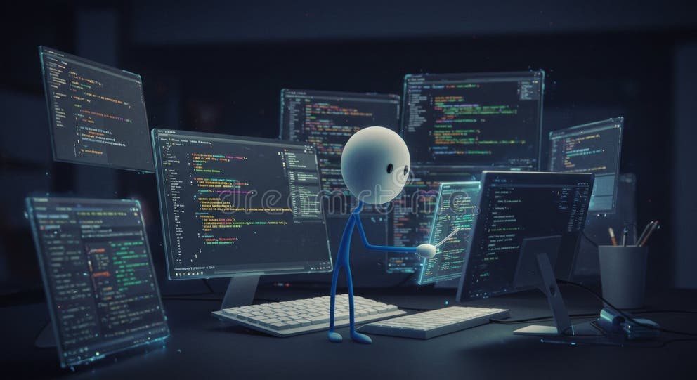 Stick Figure Programmer Surrounded by Screens with Lines of Code in a ...