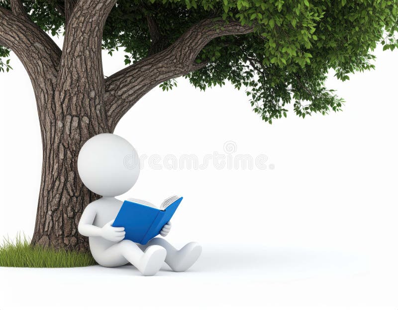 Stick Figure Reading a Blue Book while Sitting Under a Tree Stock ...