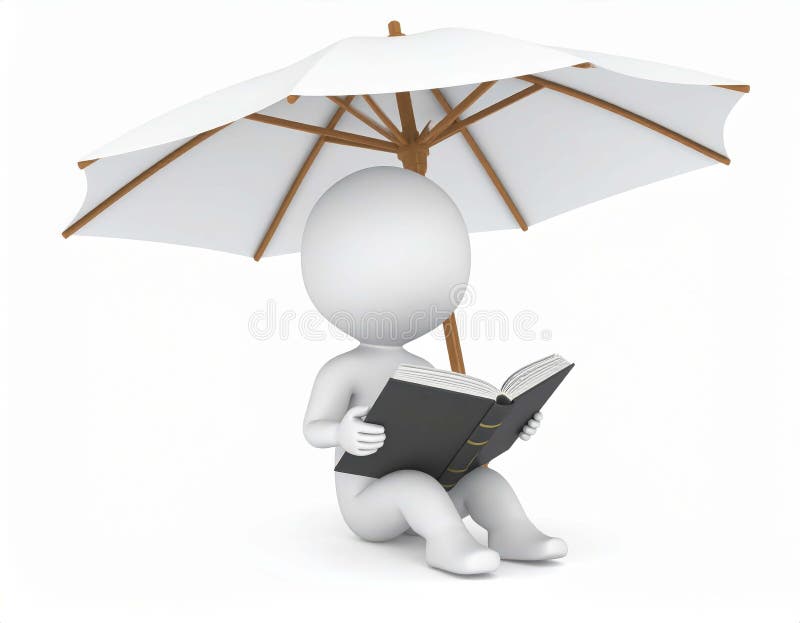 Stick Figure Reading a Book Under an Umbrella on White Background Stock ...