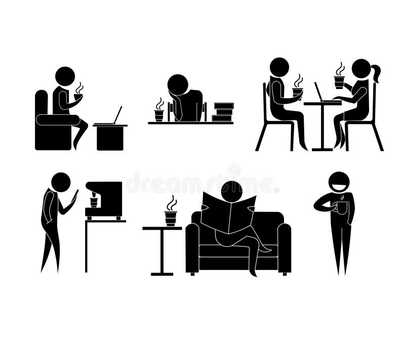 Stick Figure Set: Drinking Coffee, Reading, Working, and More Stock ...