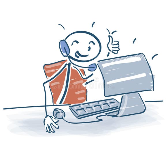 Stick Figure Sitting at the Computer with a Headset on Stock Vector ...