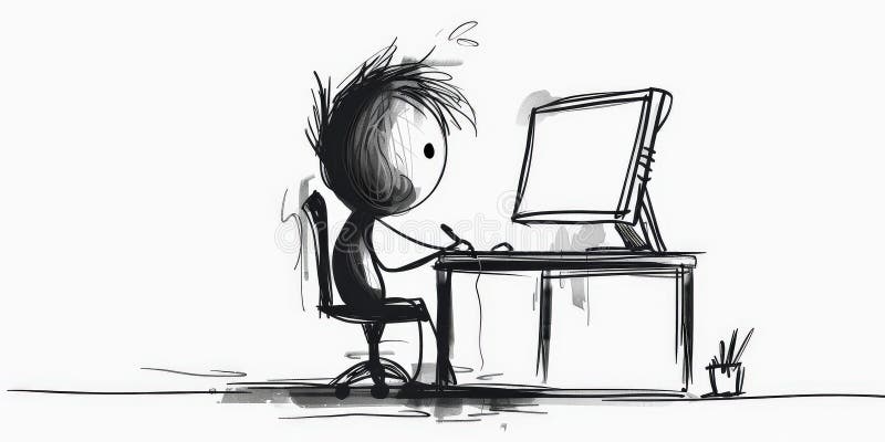 Stick Figure Working at Computer Stock Illustration - Illustration of ...