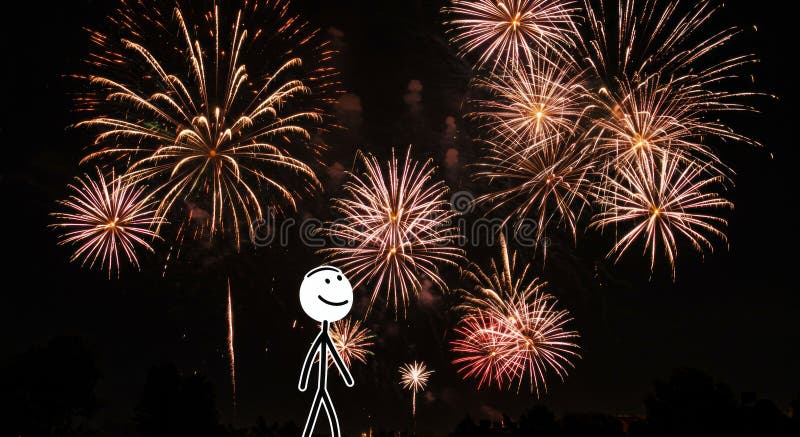Stick Figure Watching Fireworks Display, a Celebratory Scene Under a ...