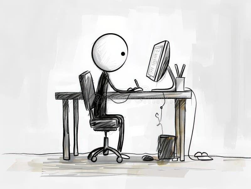 Stick Figure Working at Computer Stock Illustration - Illustration of ...