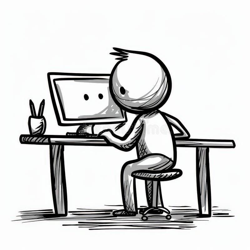 Stick Figure Working on Computer Stock Illustration - Illustration of ...