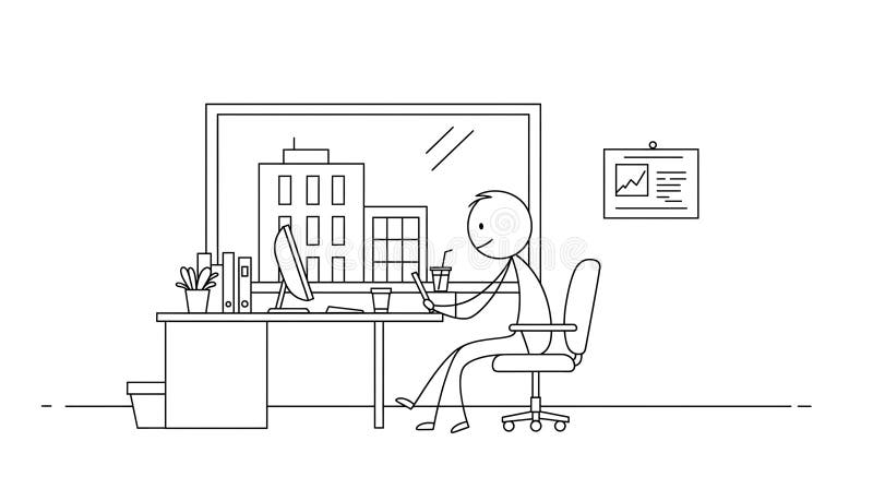 Stick Figure Working at Desk in Office with City View Stock ...