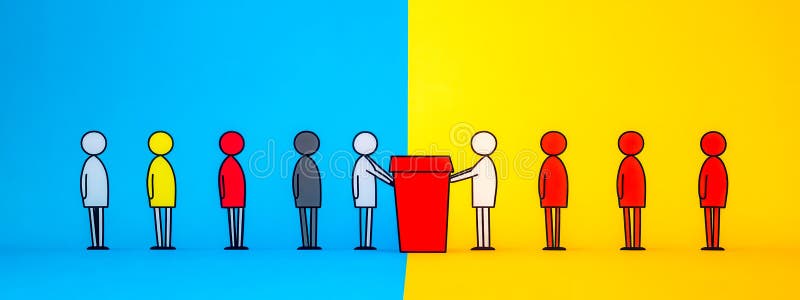 Stick Figures Exchanging a Red Container between Two Lines on Blue and ...