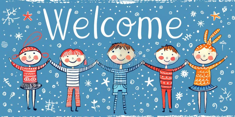 Stick Figures Holding the Word Welcome. Illustrated Banner with the ...