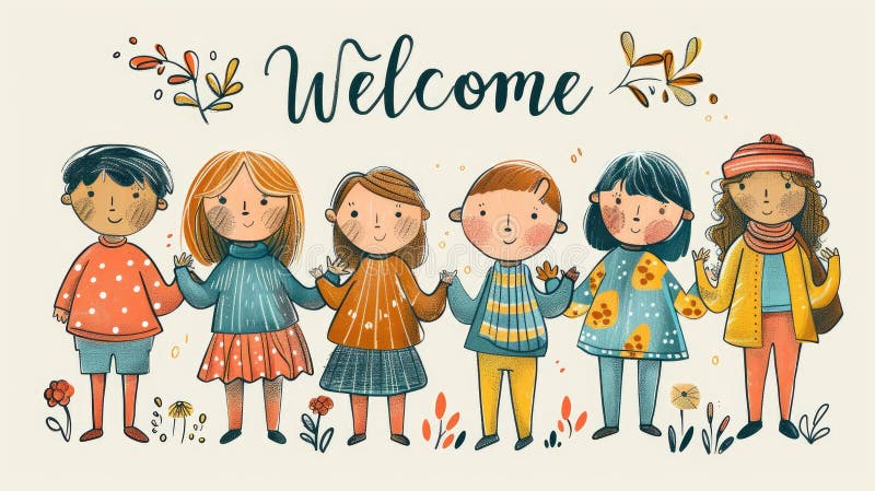 Stick Figures Holding the Word Welcome. Illustrated Banner with the ...