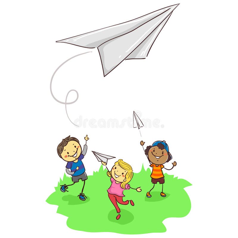 Stick Kids Playing Paper Plane Stock Vector - Illustration of hobby ...