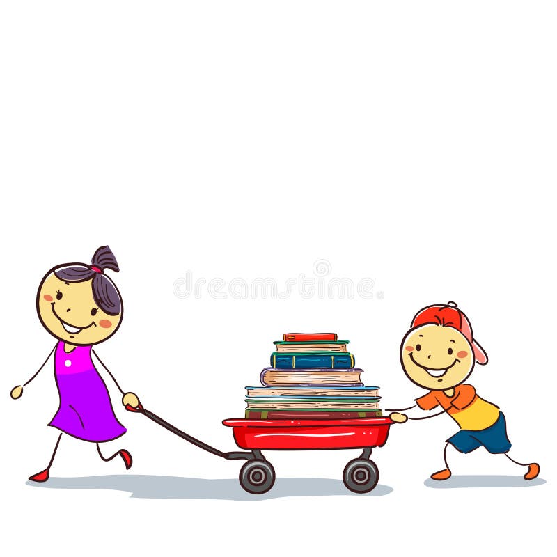 Stick Kids Pulling a Wagon Load of Books Stock Vector - Illustration of ...