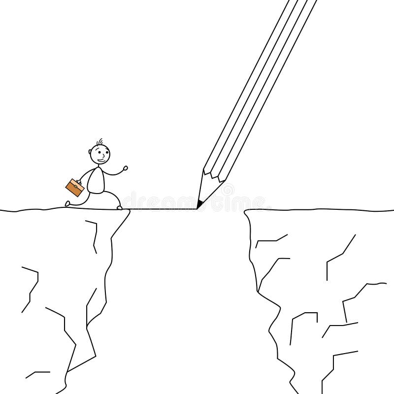 Stick Man Crossing the Cliffs with a Pencil Drawing the Bridge Stock ...